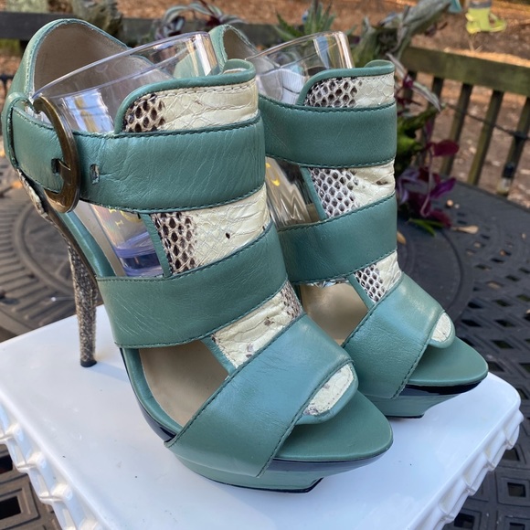 Paco Gil | Shoes | Paco Gil Snake Skin And Sage Leather Heels | Poshmark